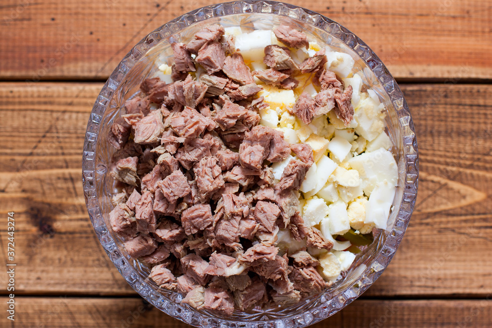 Step by step cooking Olivier salad with beef, step 4 - adding chopped ...