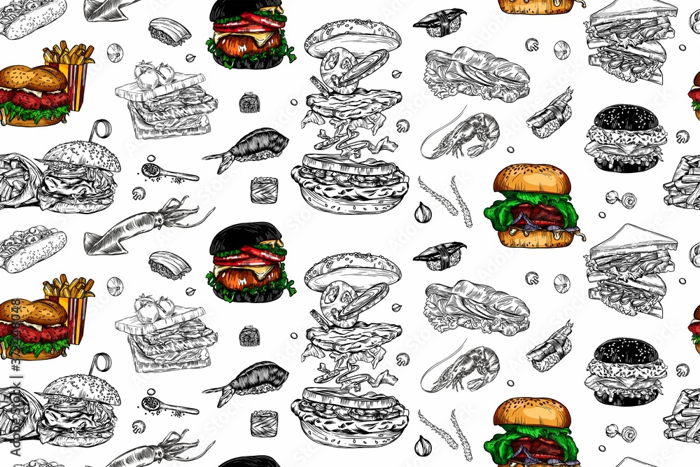 Raster illustrations in the sketch style with detailed drawings of fast ...