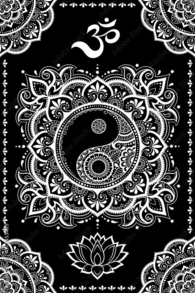 Set of Eastern ethnic religious symbols. Mandala with OM mantra, Yin ...