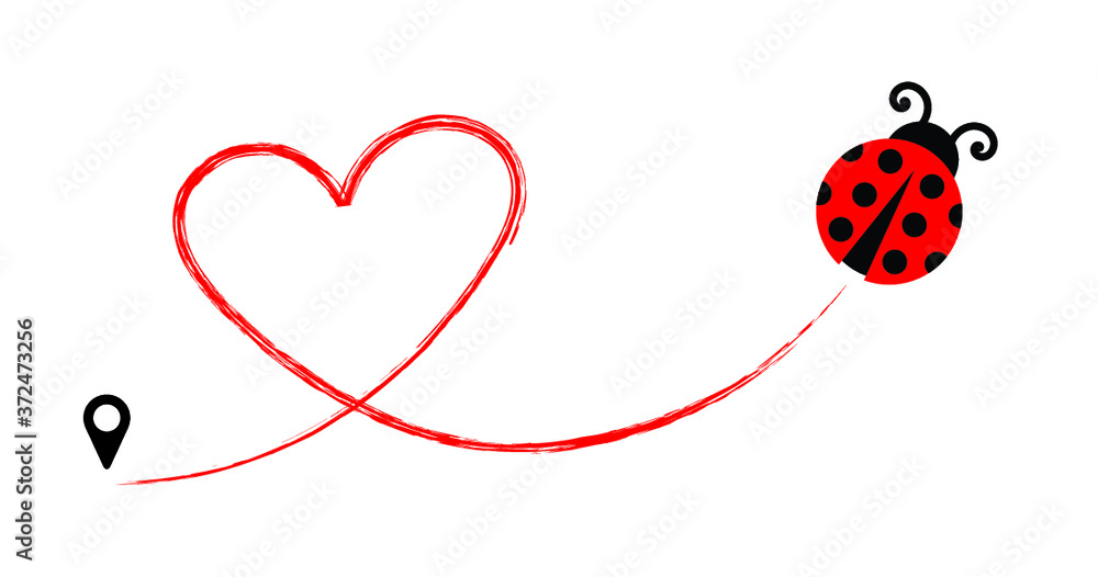 Fly ladybug icon with heart shaped line route. Flying lady bug Vector ...