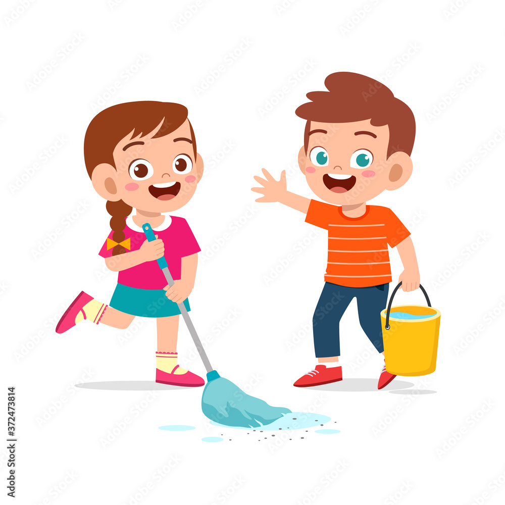 happy cute little kid boy and girl do chores cleaning floor Stock ...