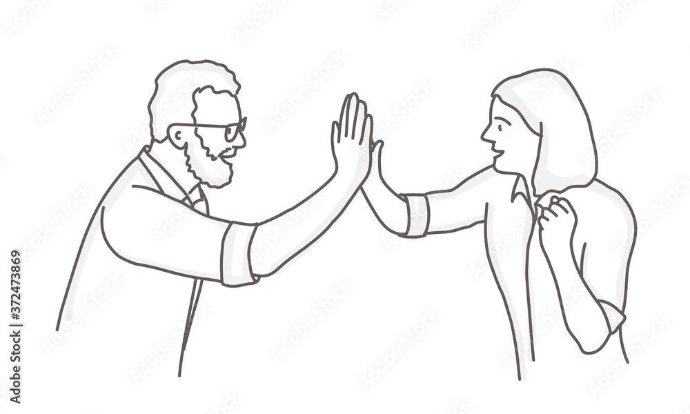 Man and woman clapping each other hands. Business winners. Line drawing ...