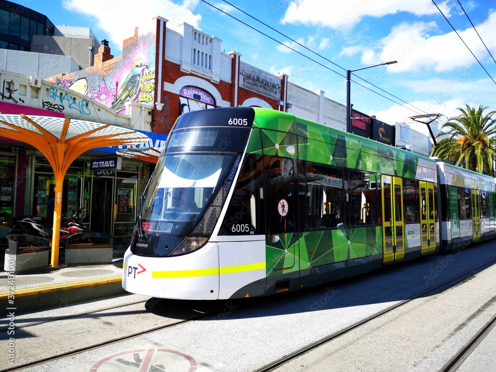 Melbourne, Australia: April 11, 2019: An electric tram leaves Acland ...