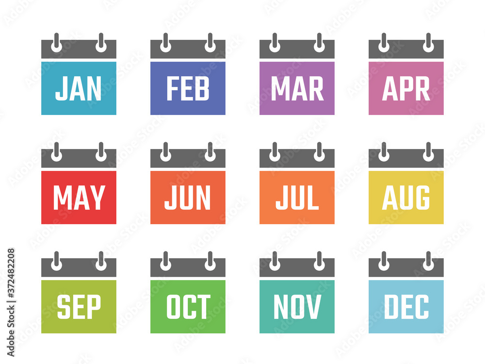 calendar 12 month icon set, color signs for all months of the year ...