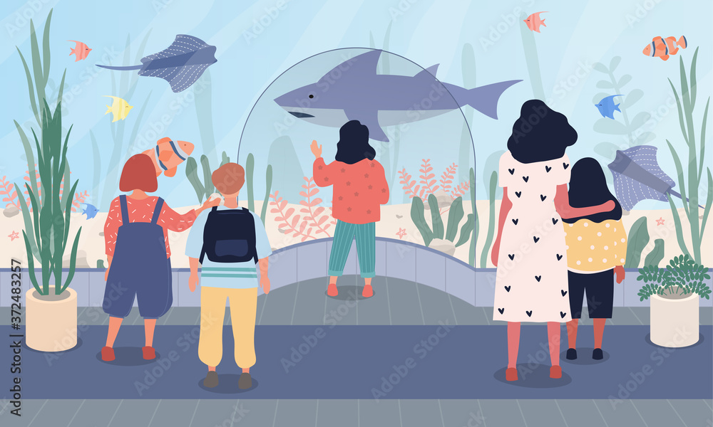Vector illustration of children at oceanarium. Group of young people ...