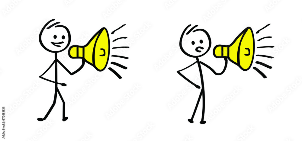 Megaphone. Kids playing running, jumping Happy smile stickman emoji ...