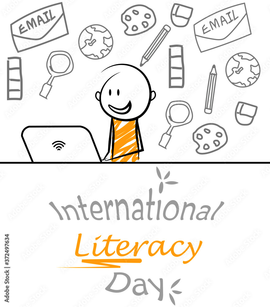 literacy day special. cartoon stickman learning online from laptop ...