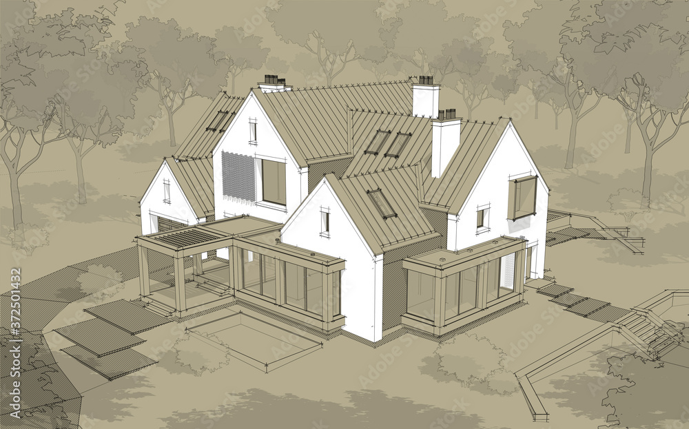 3d rendering of modern cozy clinker house on the ponds with garage and ...