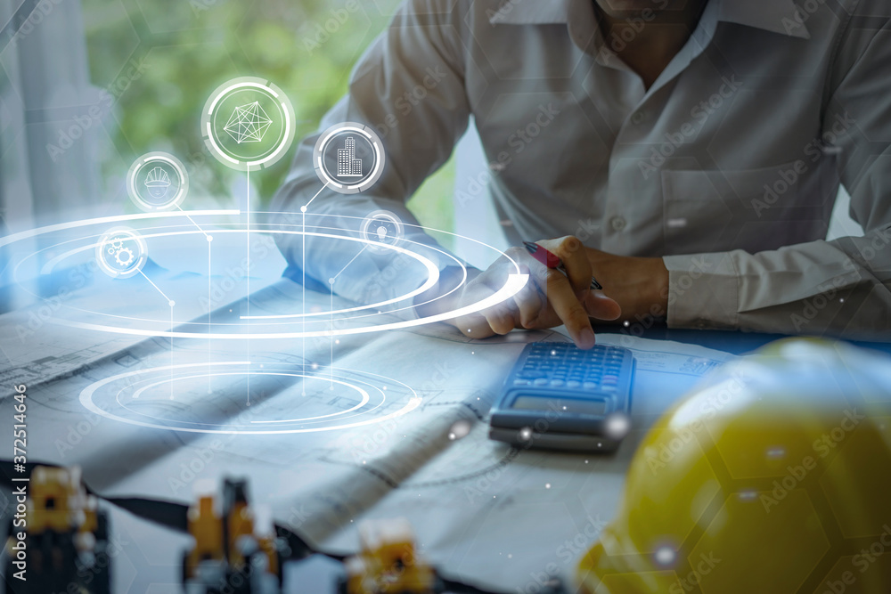 Futuristic modern engineer architecture working on house model ...