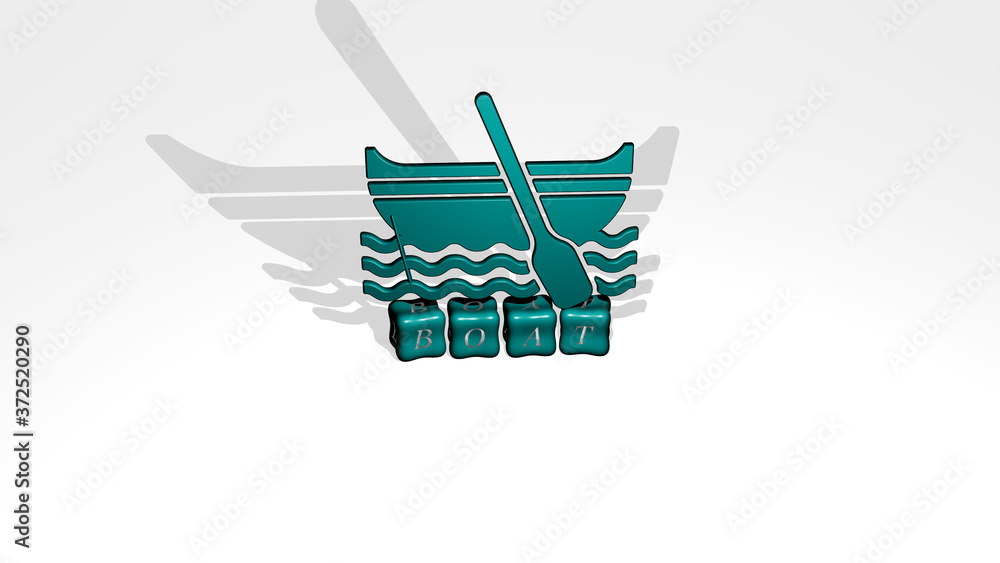 boat 3D icon object on text of cubic letters, 3D illustration for blue ...