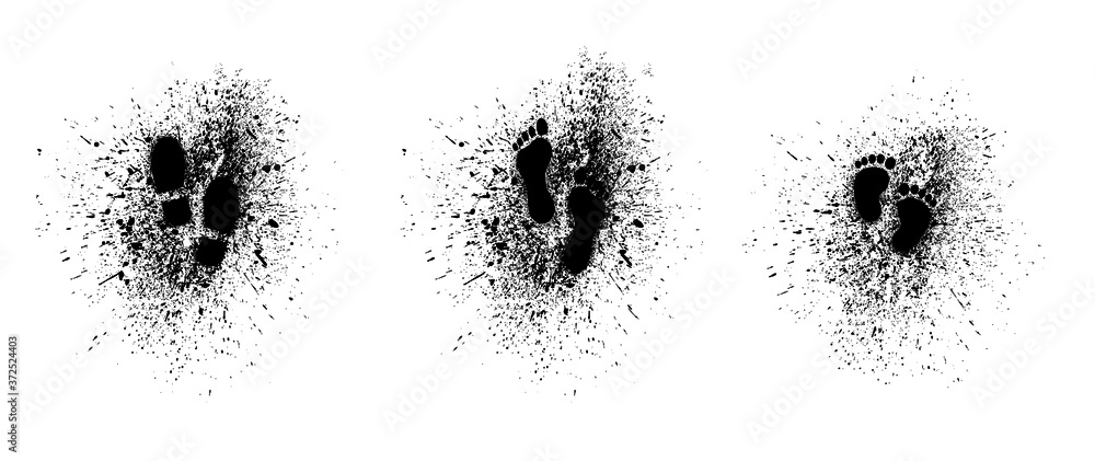 Human bare walk footprints shoes and shoe sole Kids feet and foot steps ...