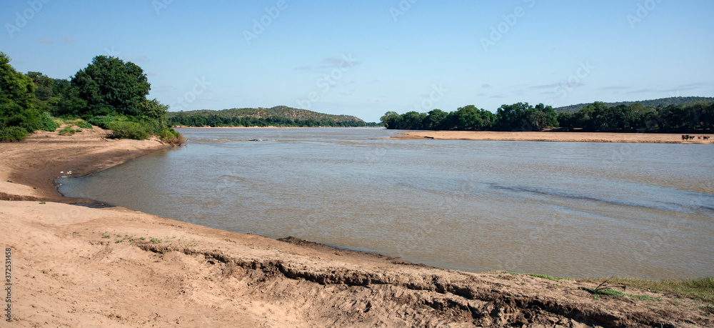 View of the landscape of the Limpopo river on the state border of South ...