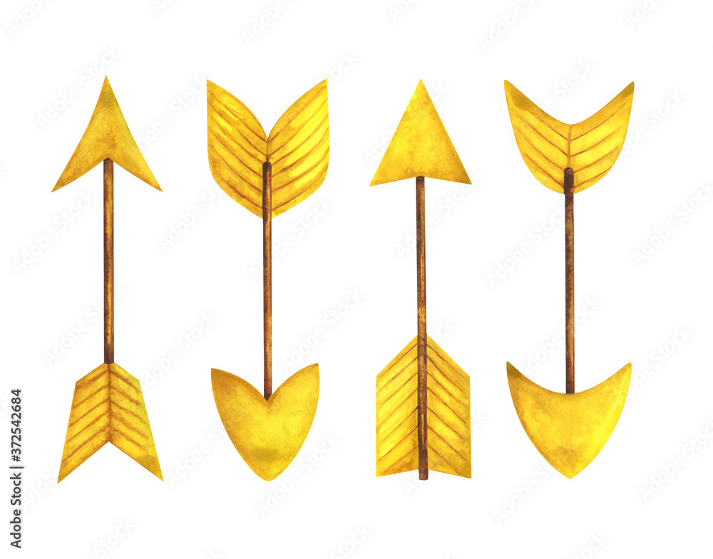 Cartoon arrows in yellow . Watercolor illustration isolated on a white ...