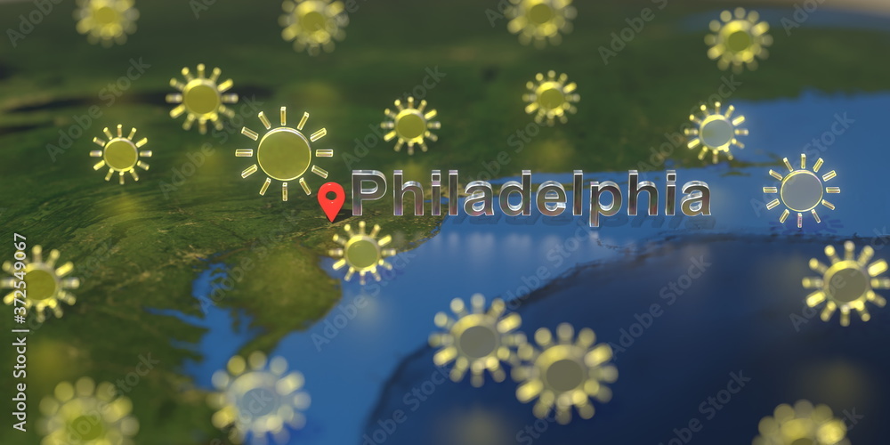 Sunny weather icons near Philadelphia city on the map, weather forecast ...