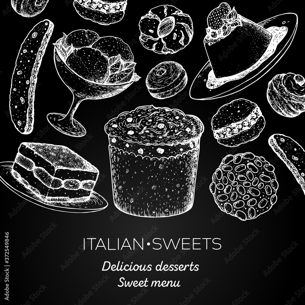 Italian dessert vector illustration. Italian food hand drawn sketch ...