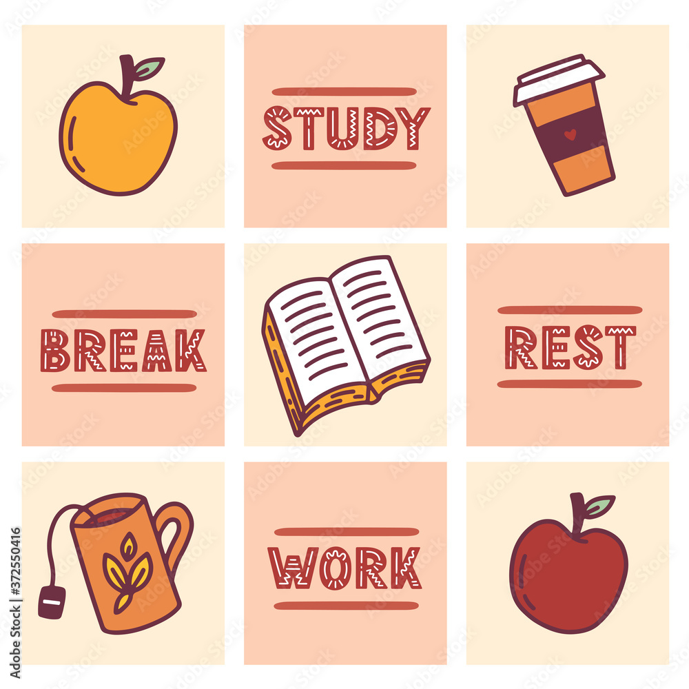 Cute vector illustration set for studying with hand lettering, apples ...