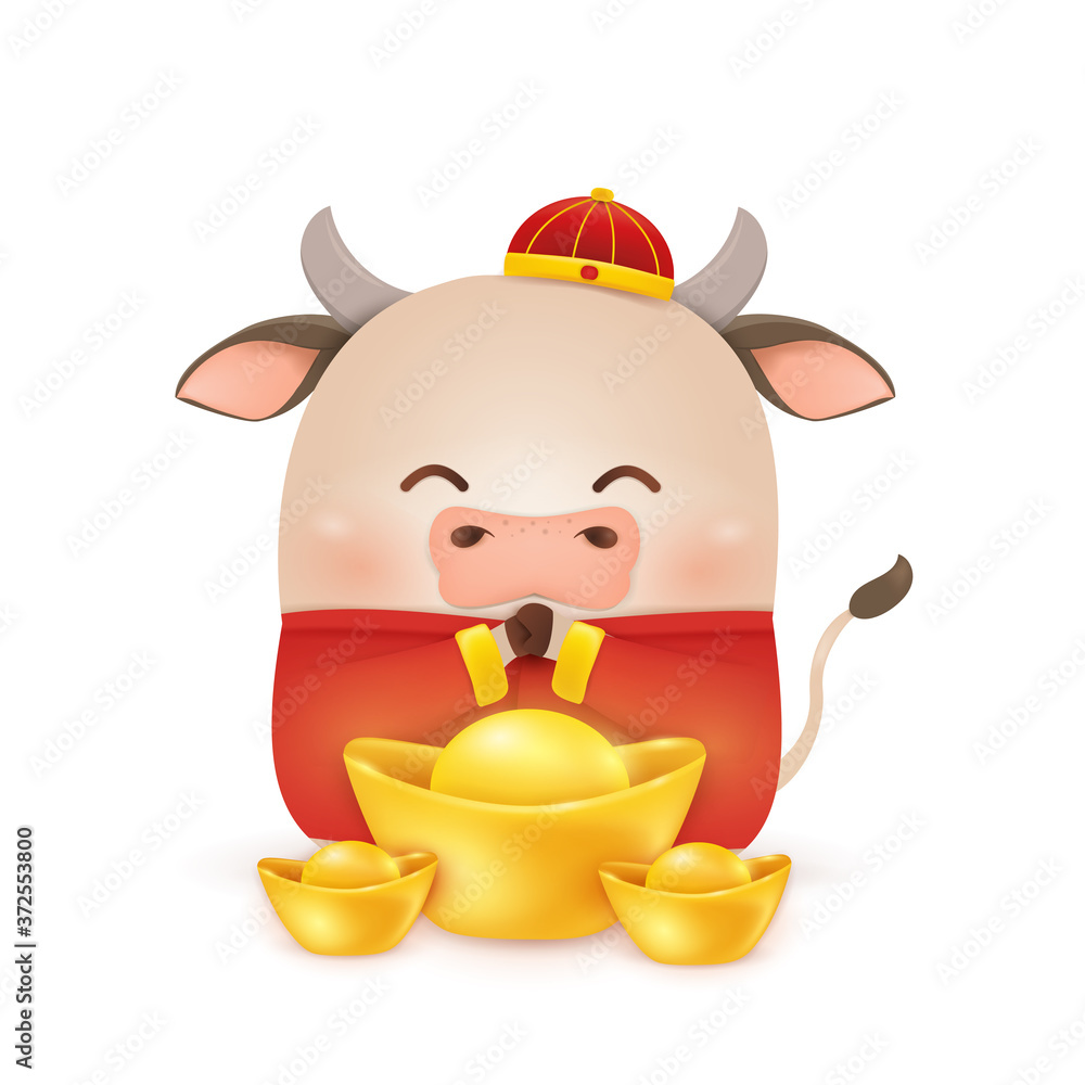 Happy Chinese New Year 2021. Cartoon Little Ox character design with ...