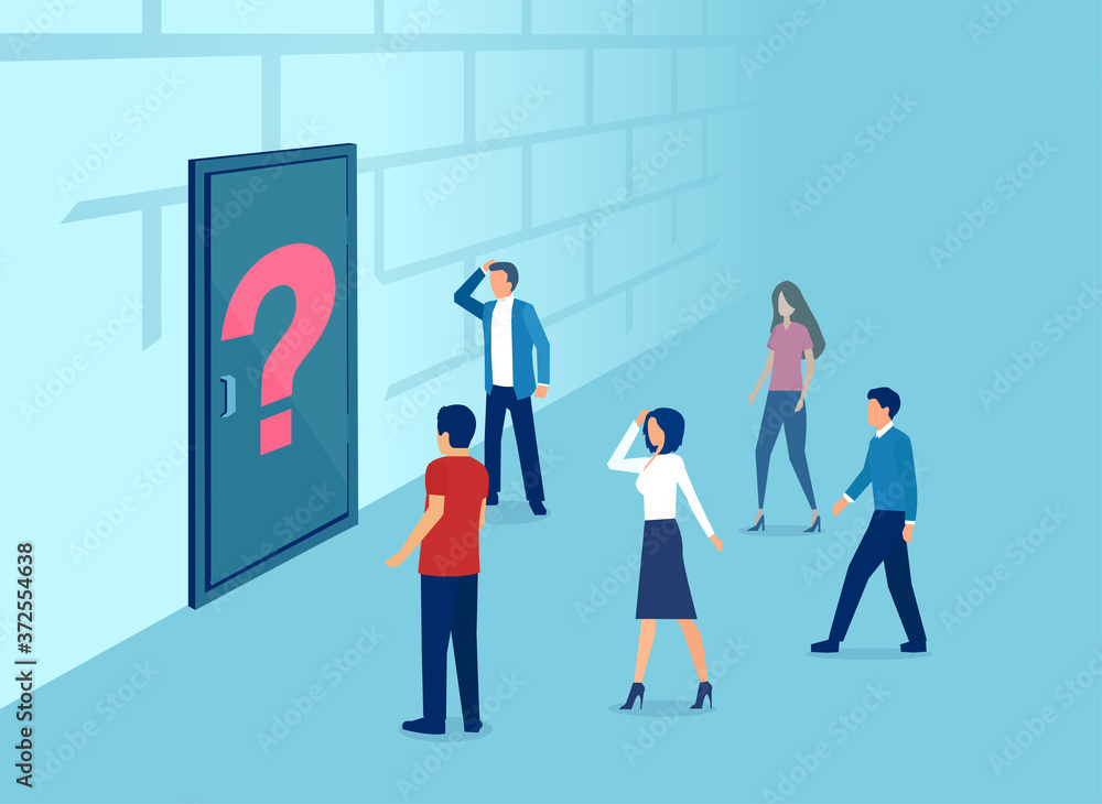 Vector of confused people standing in front of a closed door with ...