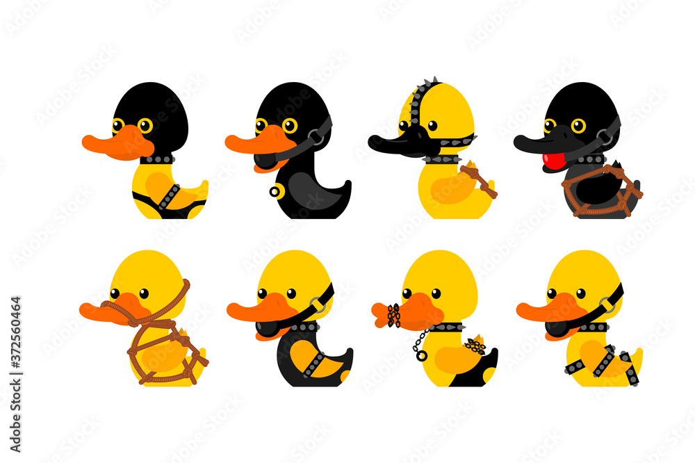 BDSM duck set. fetish toy Rubber duck in black suit. vector ...