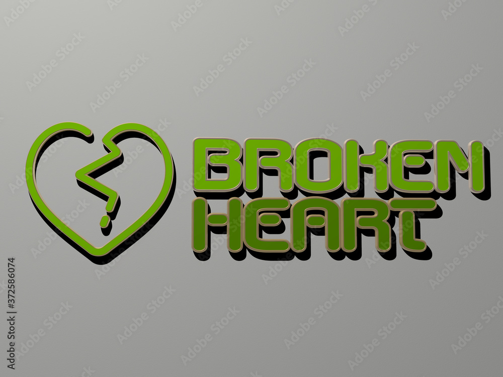BROKEN HEART icon and text on the wall, 3D illustration for background ...