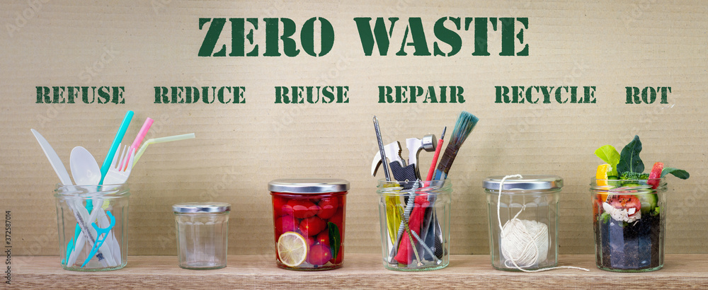Zero Waste management, illustrated in 6 jars with text Refuse, reduce ...