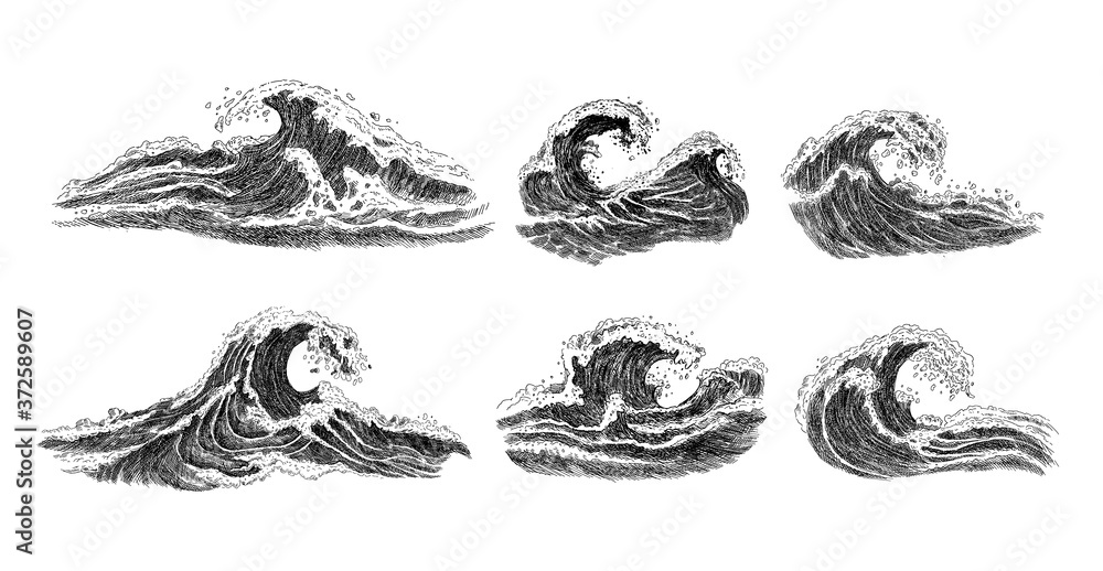 Sea wave sketch. Vintage hand drawn ocean tidal storm waves isolated on ...