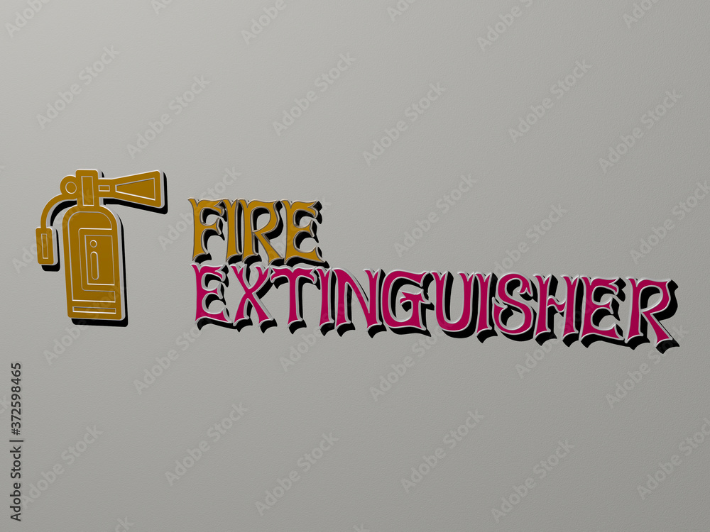 3D illustration of fire extinguisher graphics and text made by metallic ...