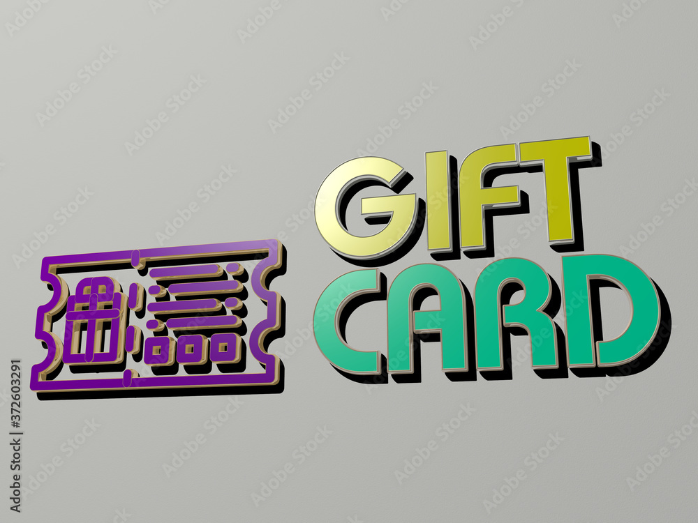 3D representation of gift card with icon on the wall and text arranged ...