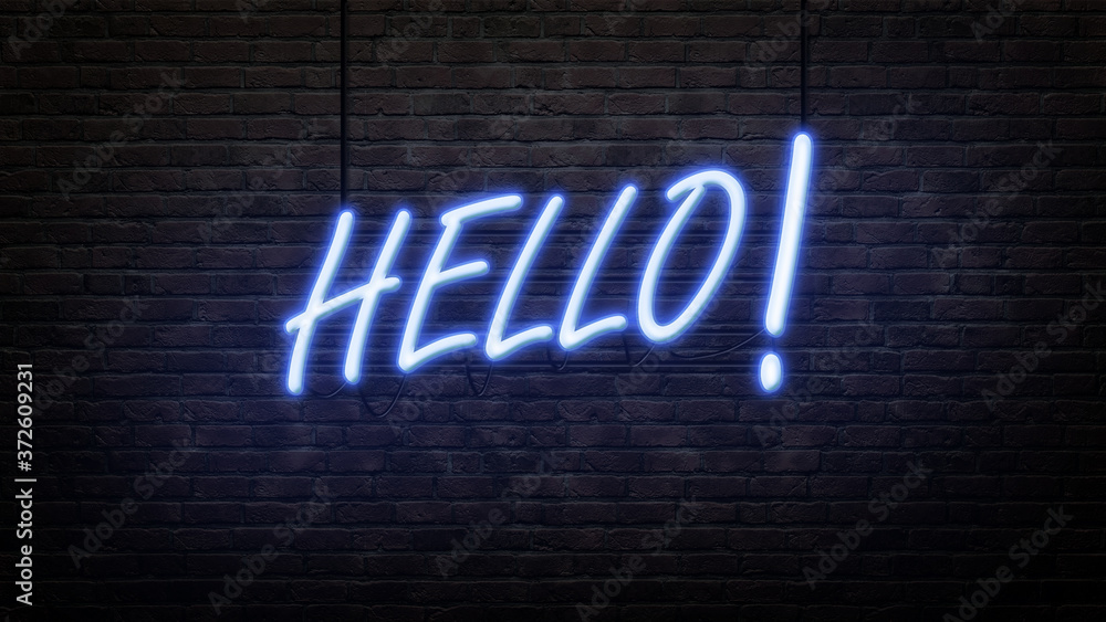hello neon sign emblem in neon style on brick wall background Stock ...