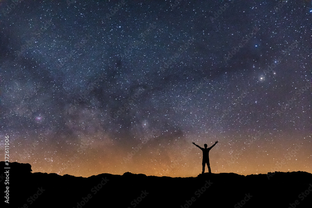 Man observing the night sky with the Milky Way in the background while ...
