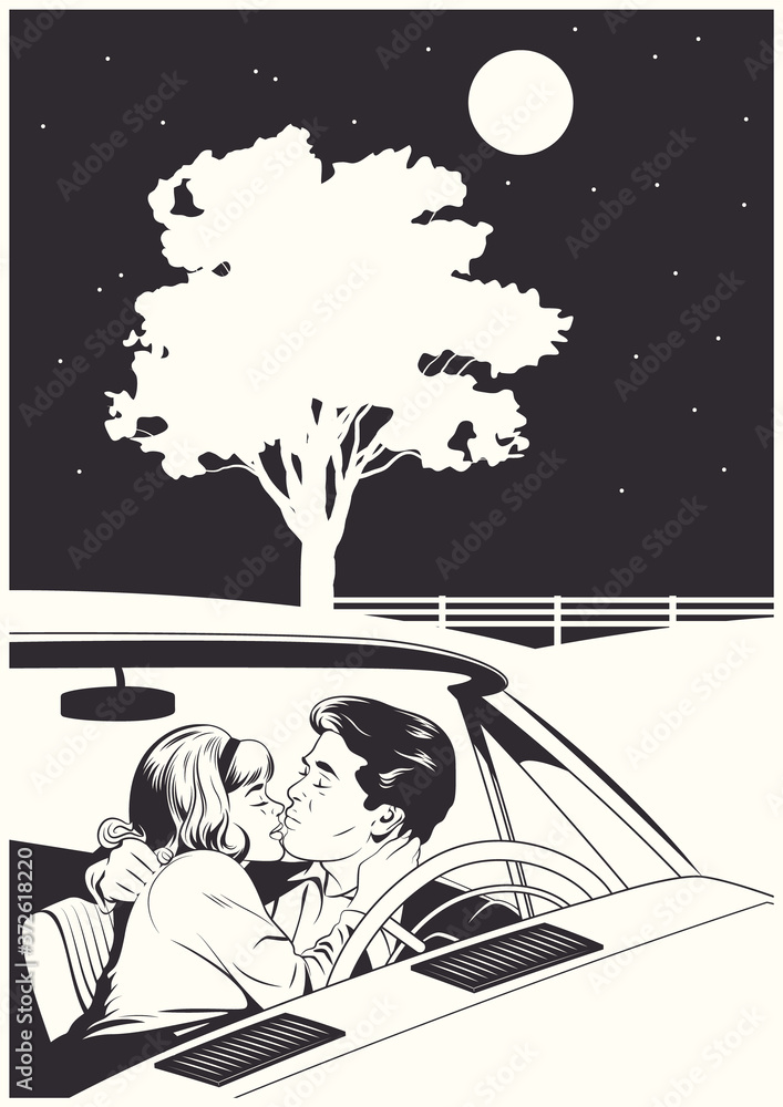 Couple in Love, Kissing in the Car, Night Scene, Black and White Comic ...