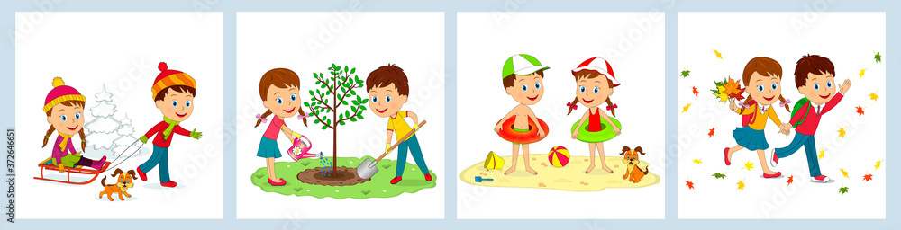 cartoon little kids and four seasons, illustration,vector Stock Vector ...