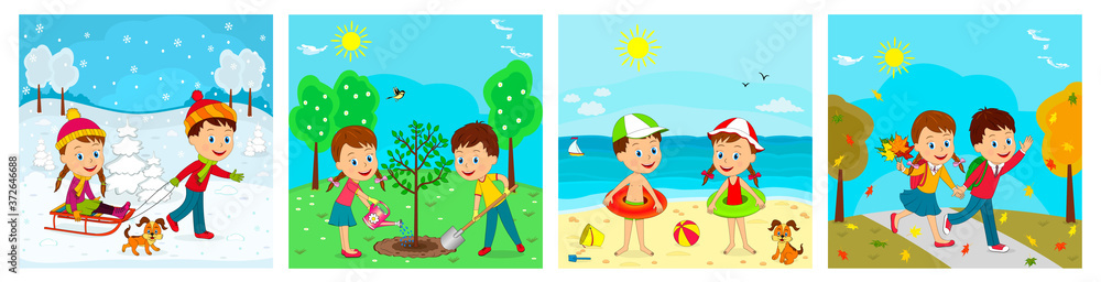 cartoon little kids and four seasons, illustration,vector Stock Vector ...
