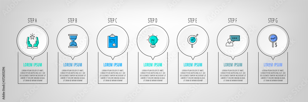 Vector infographic circles with 7 steps, arrows. Line template used for ...