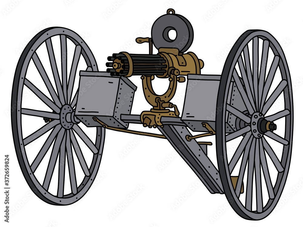 The vectorized hand drawing of an old Gatling multi barrel machine gun ...