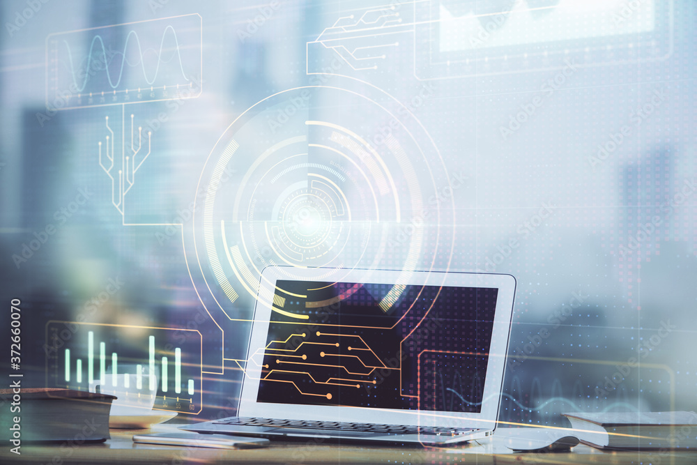 Technology theme drawing and work space with computer. Double exposure ...