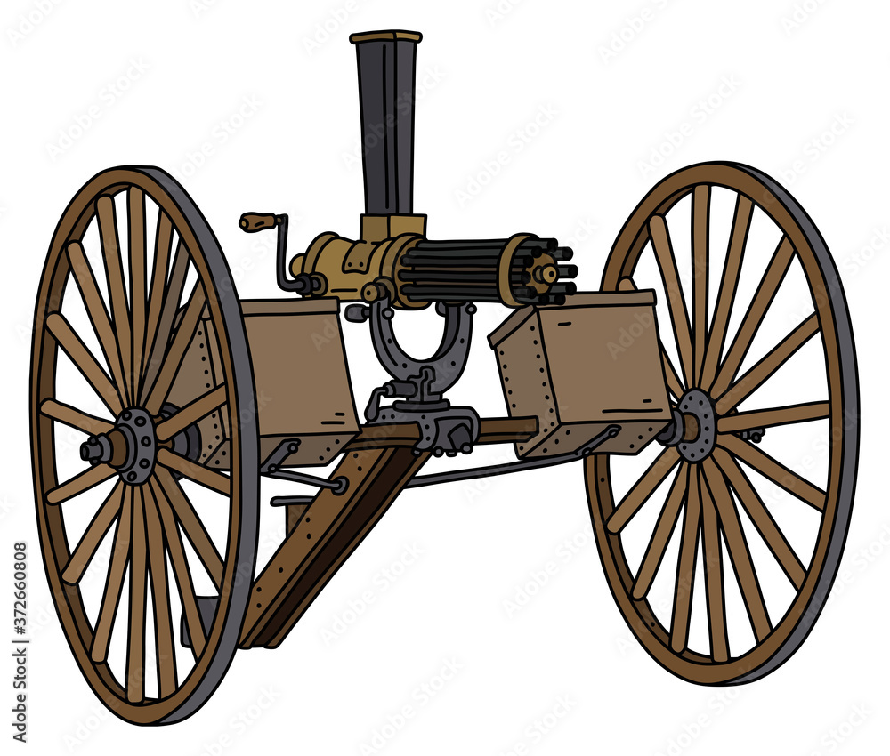 The vectorized hand drawing of an old Gatling multi barrel machine gun ...