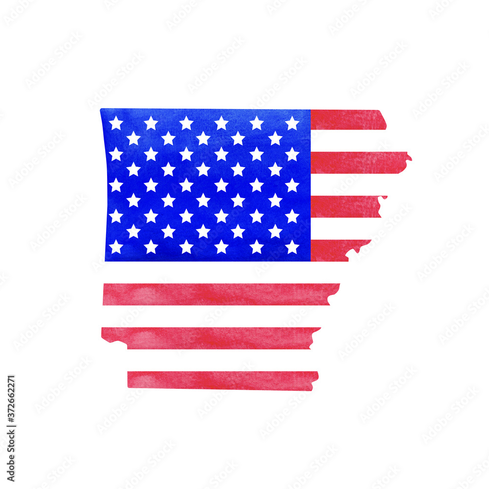 Watercolor hand drawn illustration of Arkansas state map with USA flag ...