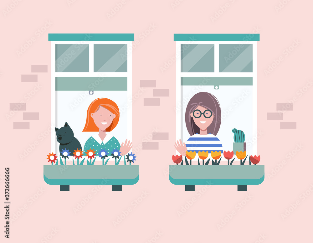Young female characters looking from windows and waving each other ...