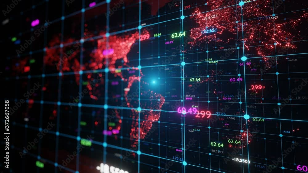 3D animation of graphs and counters on the background of the earth map ...