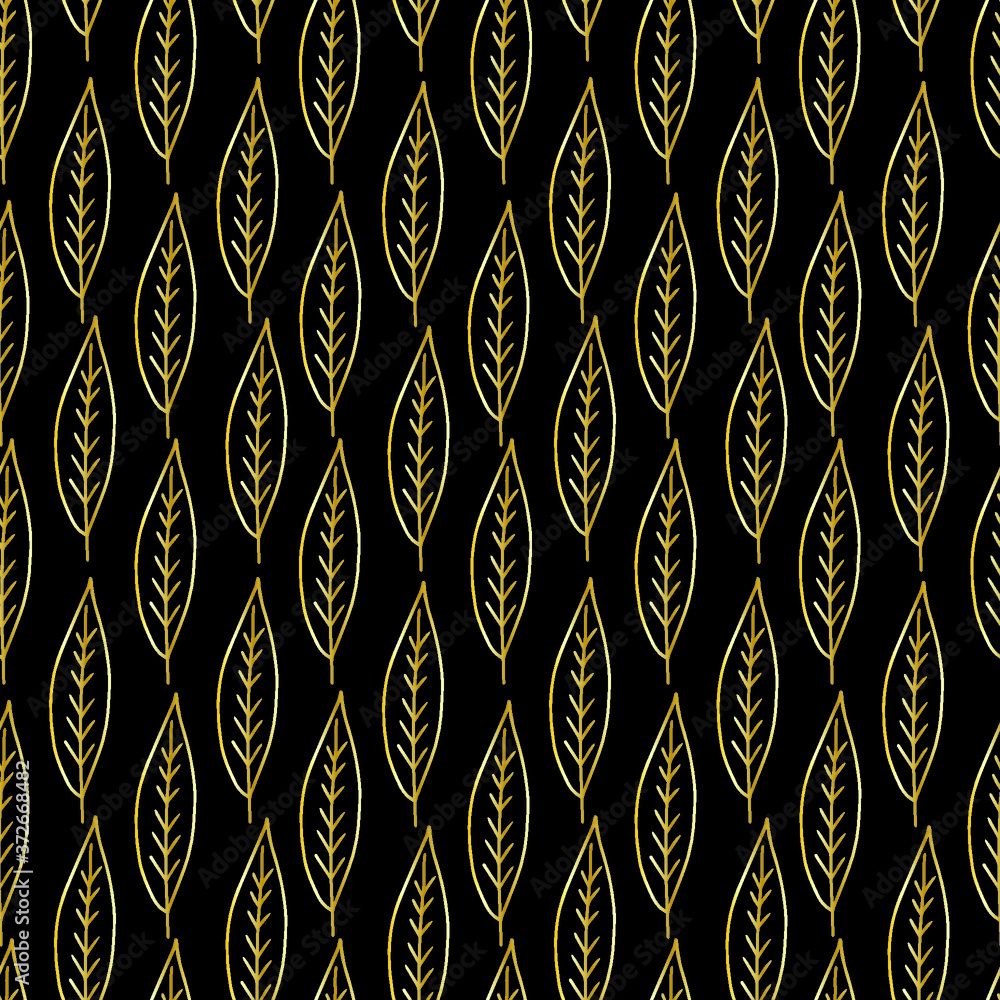 Magical Golden Leaves On Dark Background Seamless Pattern Gold And