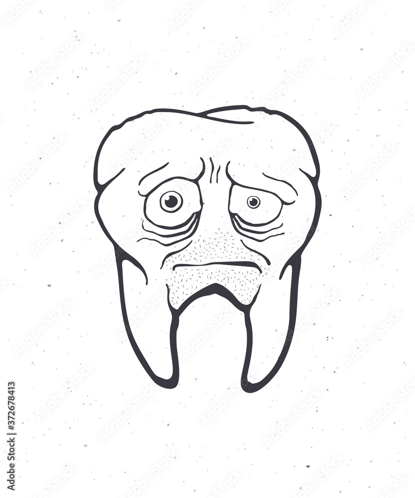 Old unhealthy sad human tooth with caries, tired eyes and bristles ...