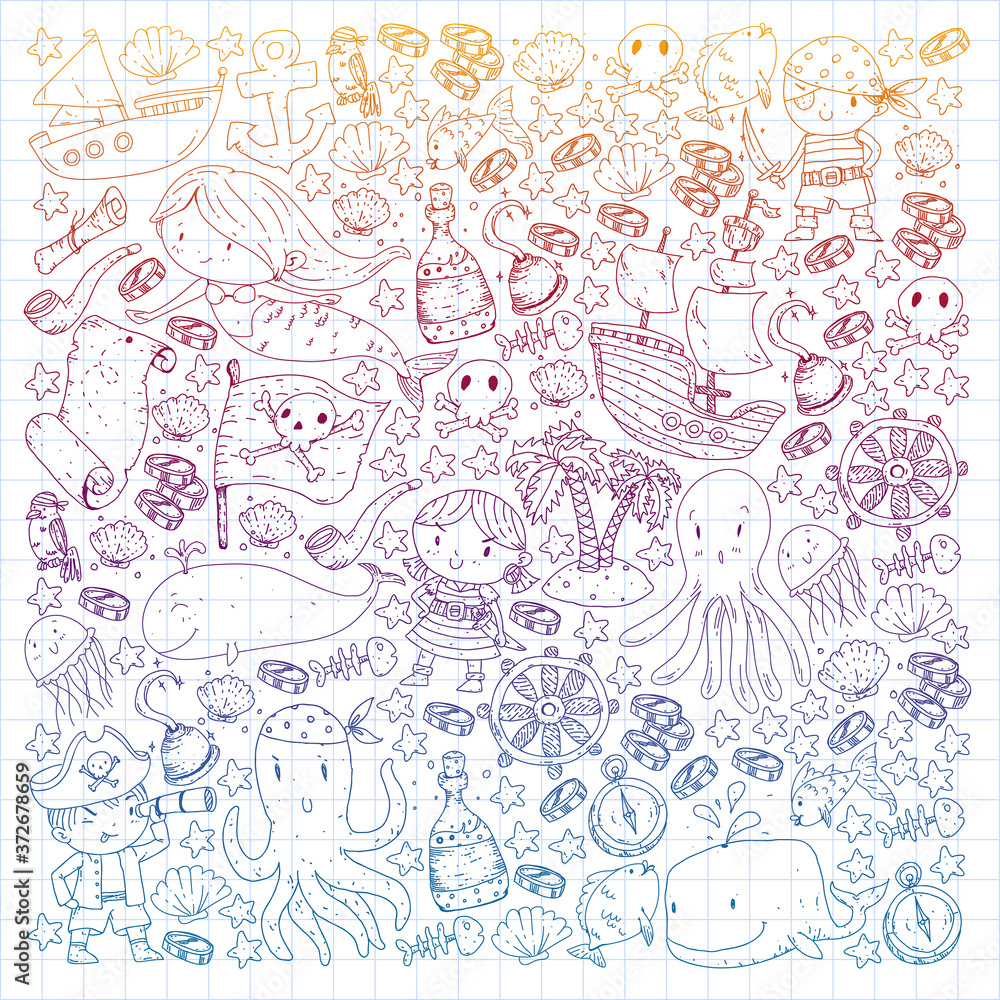 Vector pirate set in cartoon style. Sweet card with pirates, ship ...