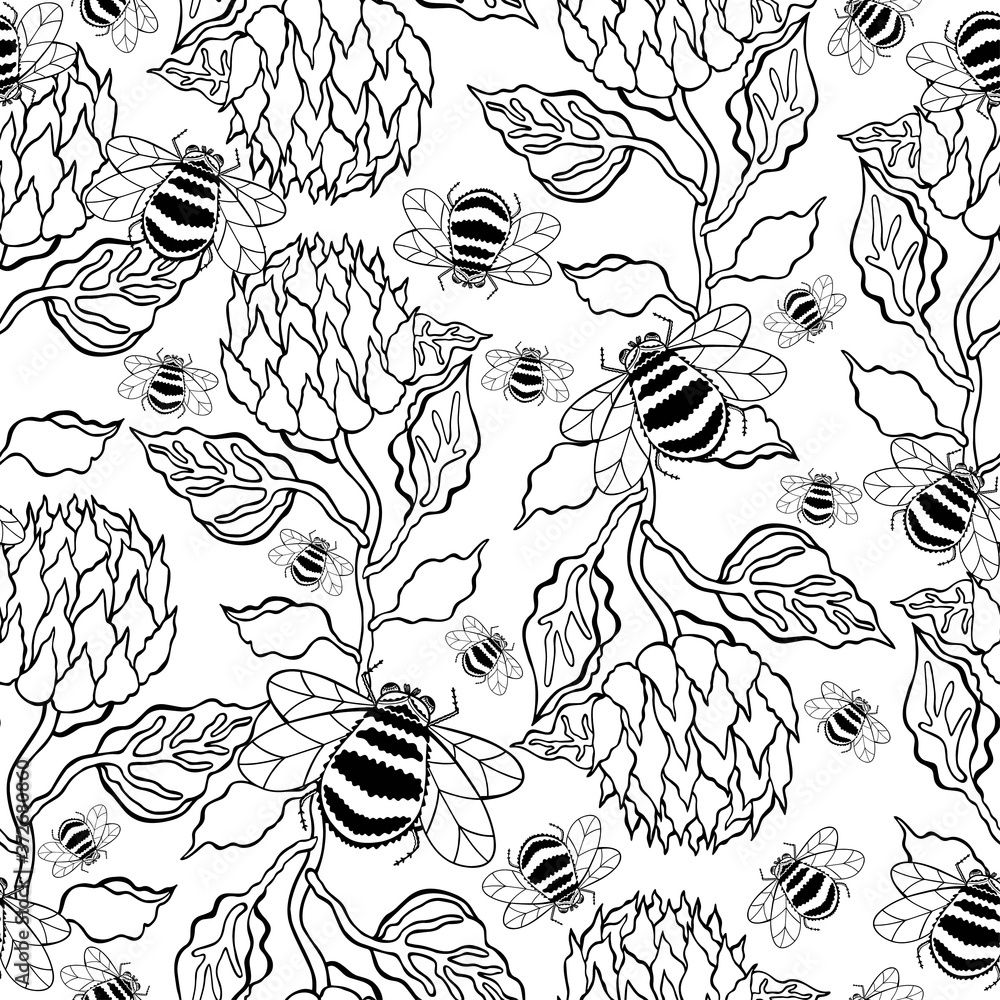 Vector seamless pattern black and white flowers and flying bees. Floral ...