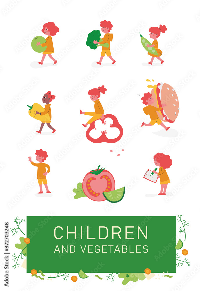 Set of children holding vegetables, boy with hamburger and girl writing ...