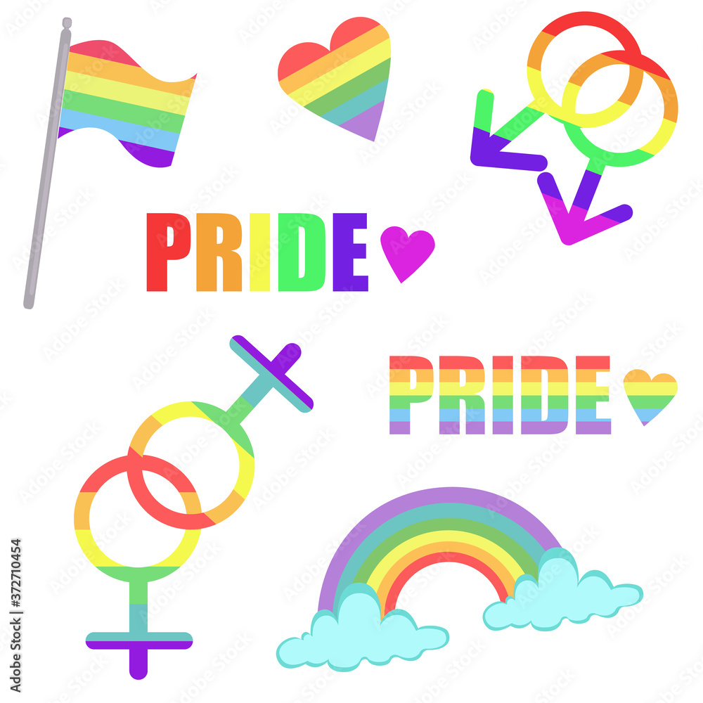 LGBT related symbols set in rainbow colors Pride Flag, Heart, Peace, Rainbow, Love, Support ...