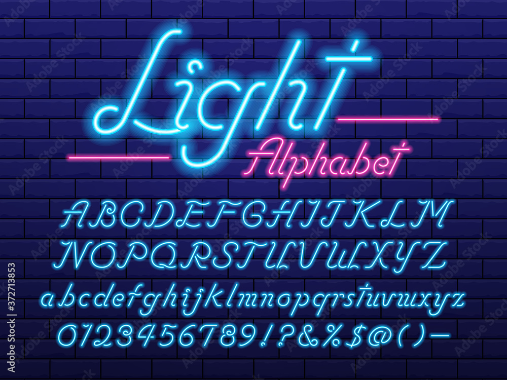 Glowing neon light alphabet design with uppercase, lowercase, numbers ...