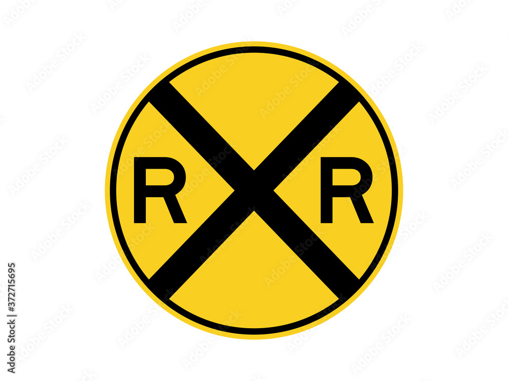 isolated railroad crossing sign on yellow circle board symbol for ...
