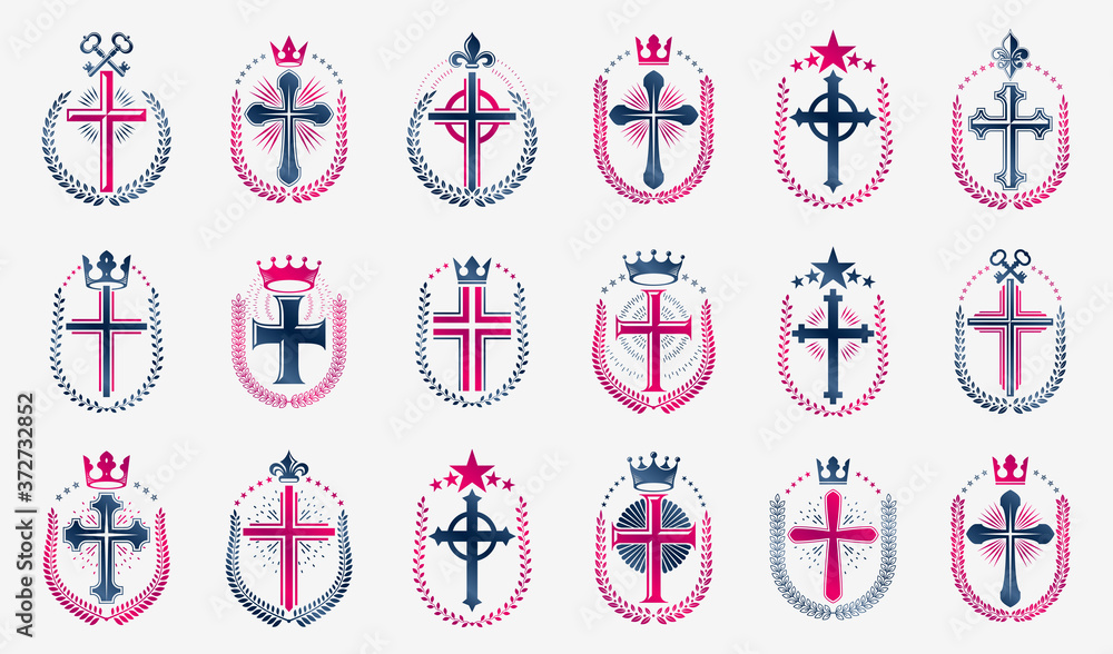 Religion crosses logos big vector set, vintage heraldic Christian ...