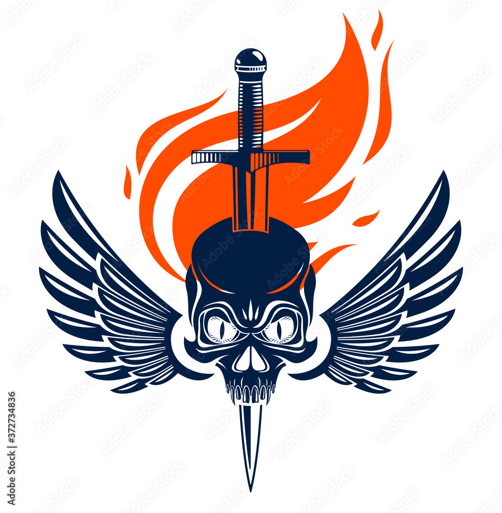 Skull killed by a dagger knife with wings and flames vintage vector ...